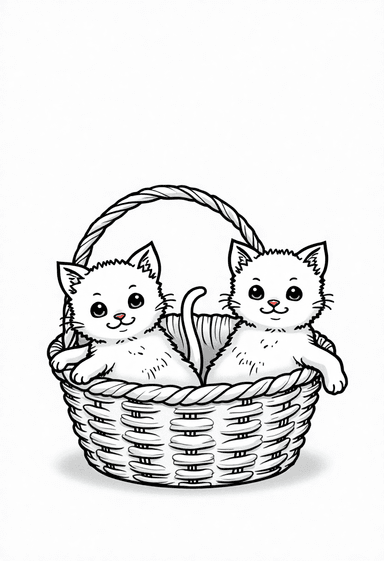 Cozy Kittens In A Basket - Free Cute Animal Coloring Page